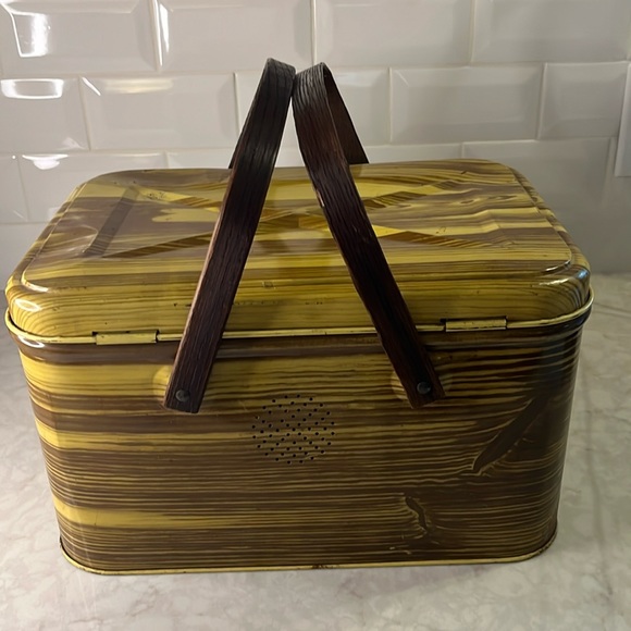 Kitchen | Vintage Metal Bread Box Picnic Basket W Handles Yellow Wood ...